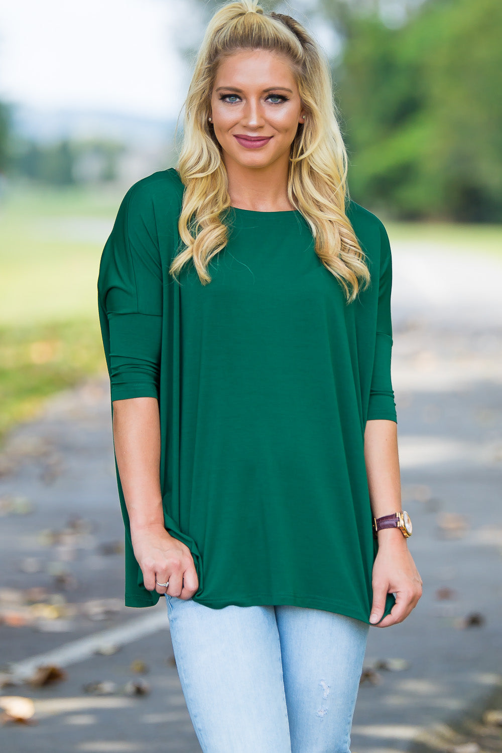 3/4 Sleeve Piko Top - JADE FOREST – Simply Dixie Boutique
