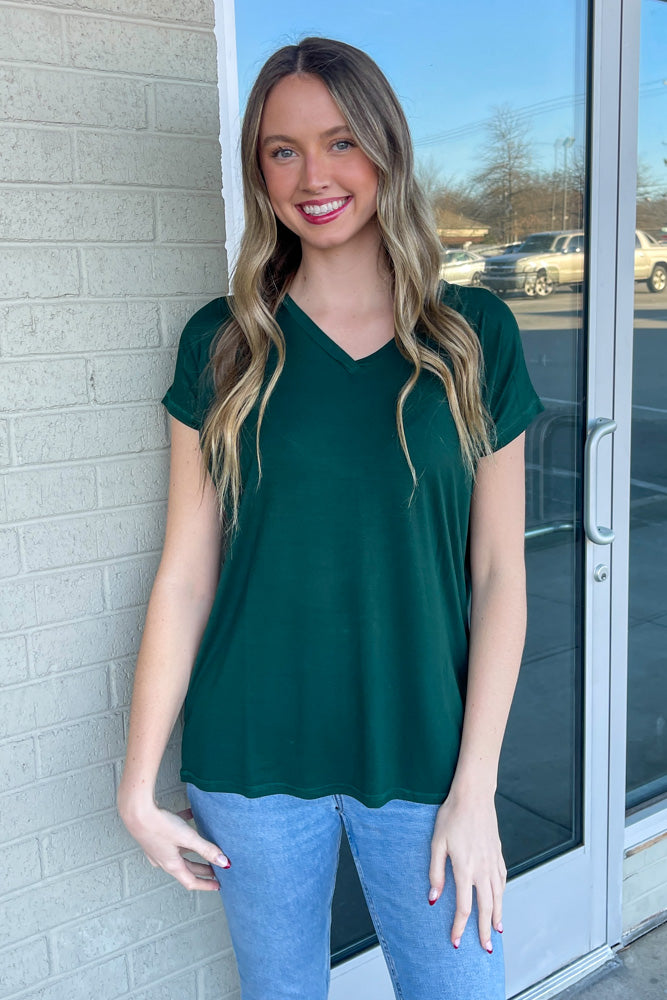 Short Sleeve Rolled Sleeve V-Neck Piko Top - Jade Forest – Simply Dixie ...