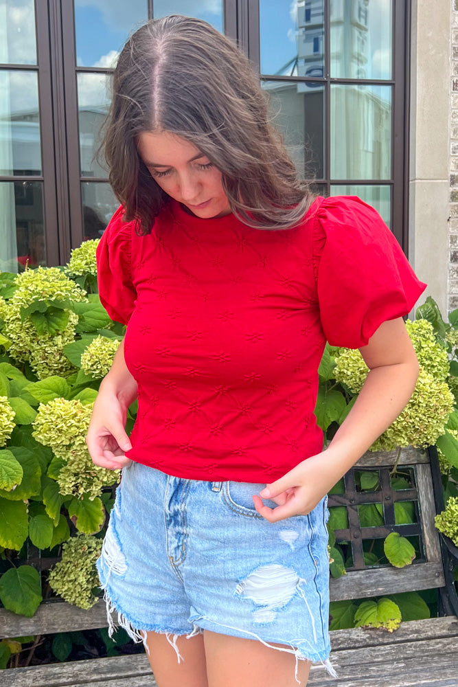 Strut & Bolt – Red Floral Embossed Puff Sleeve Top | Simply Dixie Boutique