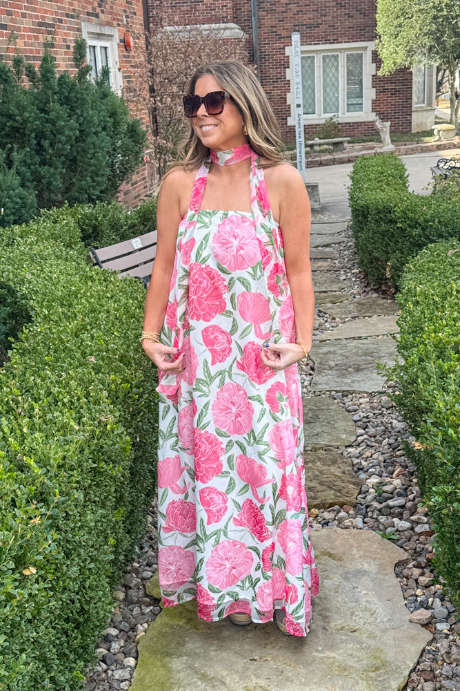 TCEC pink floral sleeveless maxi dress with scarf – Simply Dixie Boutique